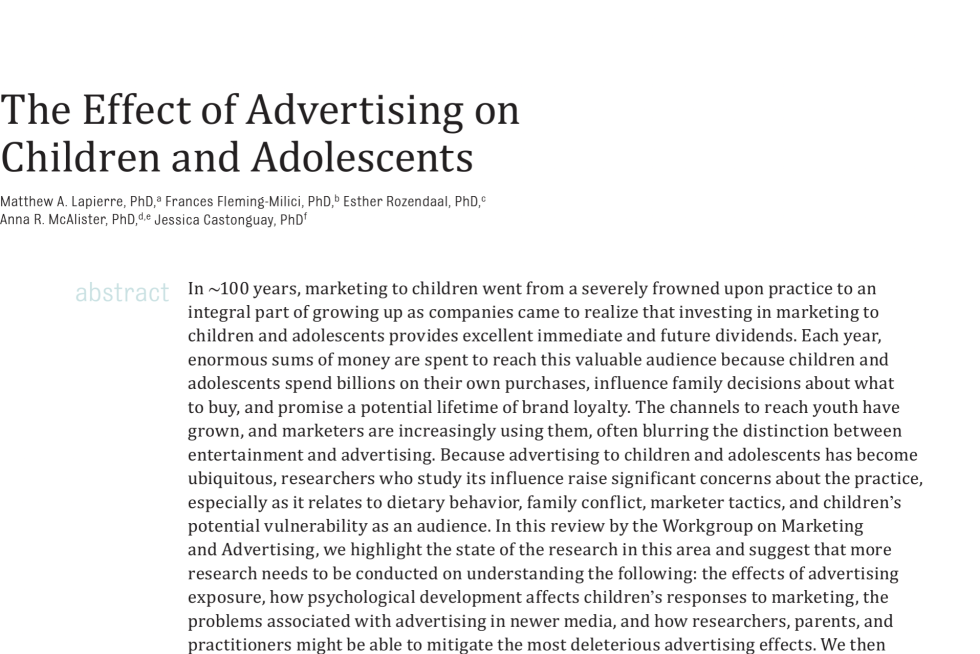 The Effect of Advertising on Children and Adolescents - Children and ...